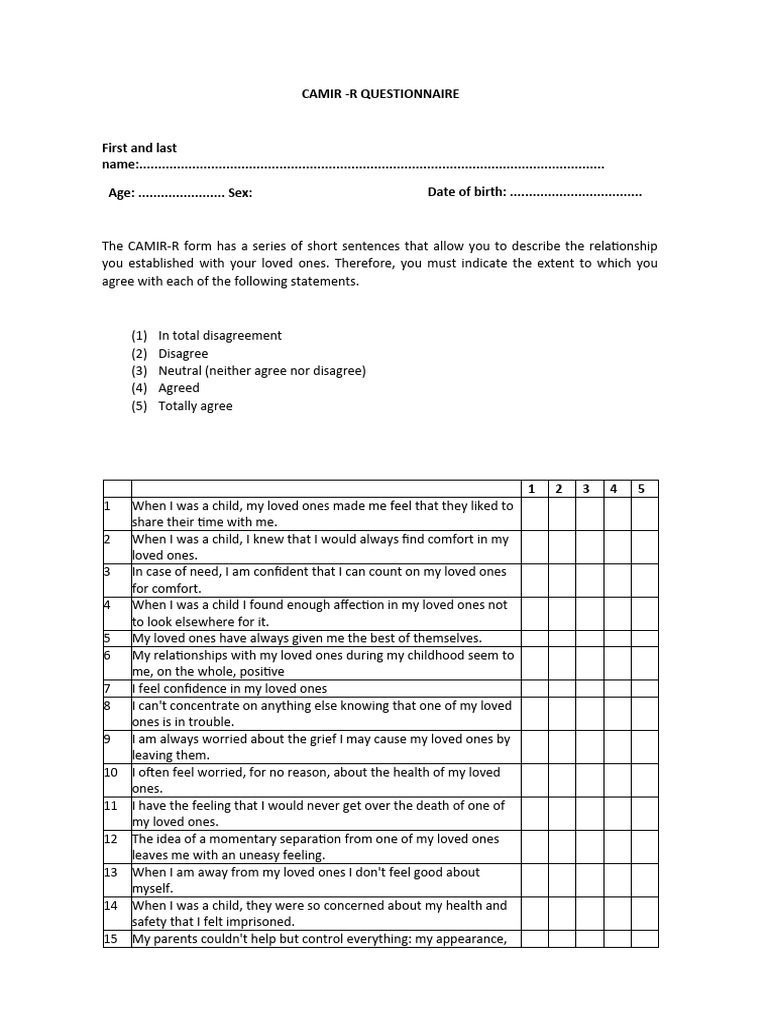 Camir R Questionnaire | PDF | Interpersonal Relationships | Childhood