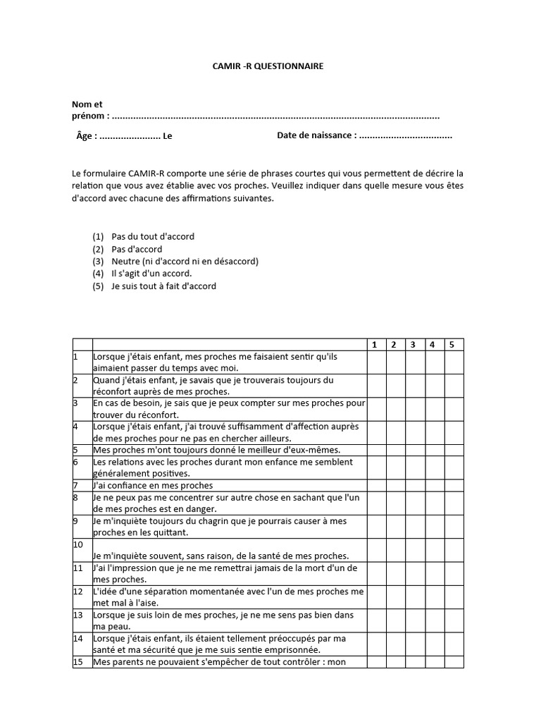 Questionnaire CAMIR-R sur l'attachement | PDF | Mode de vie