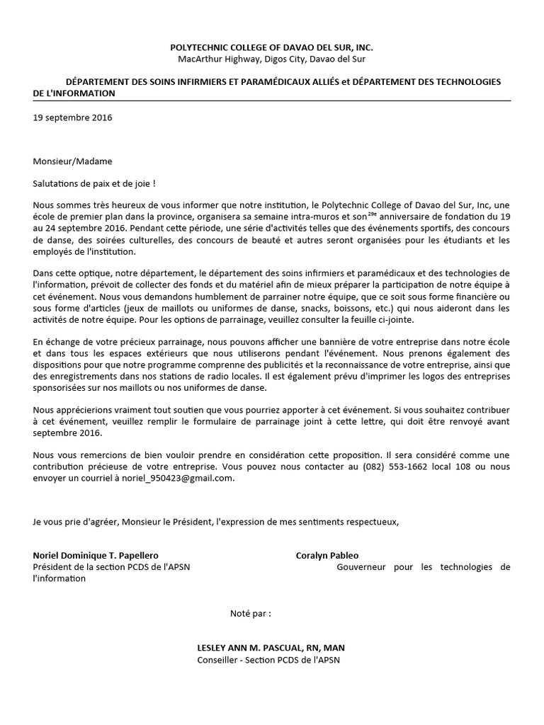Lettre de Sollicitation Intrams | PDF | Évolution de carrière