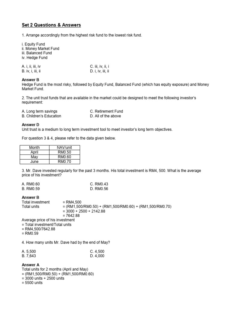 Unit Trust (UT) Sample Questions - Set 2 | PDF | Investment Fund | Investing
