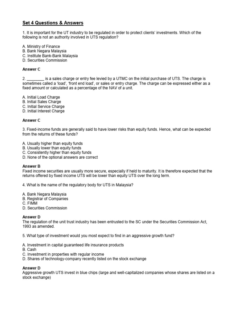 Unit Trust (UT) Sample Questions - Set 4 | PDF | Investment Fund ...