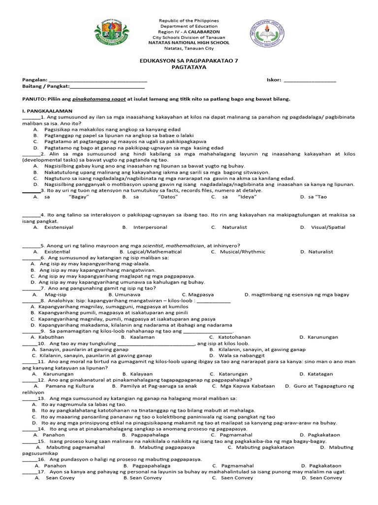 ESP 7 - Pagtataya (Pre & Post) | PDF