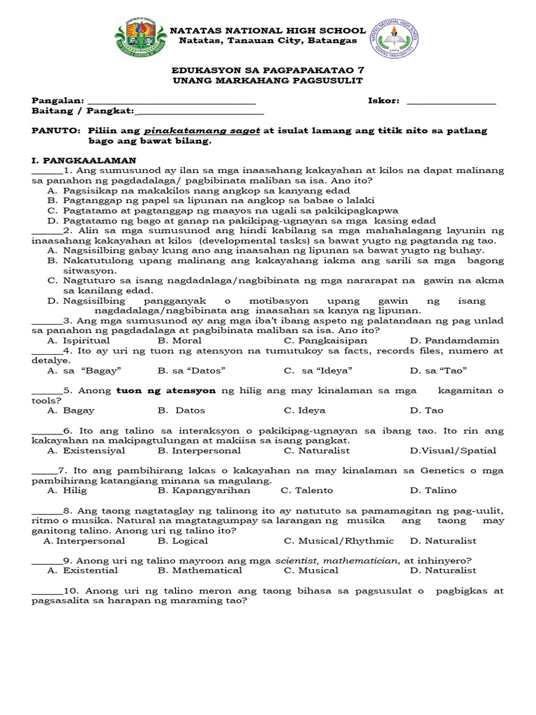 ESP - Grade 7 - Periodical Test | PDF