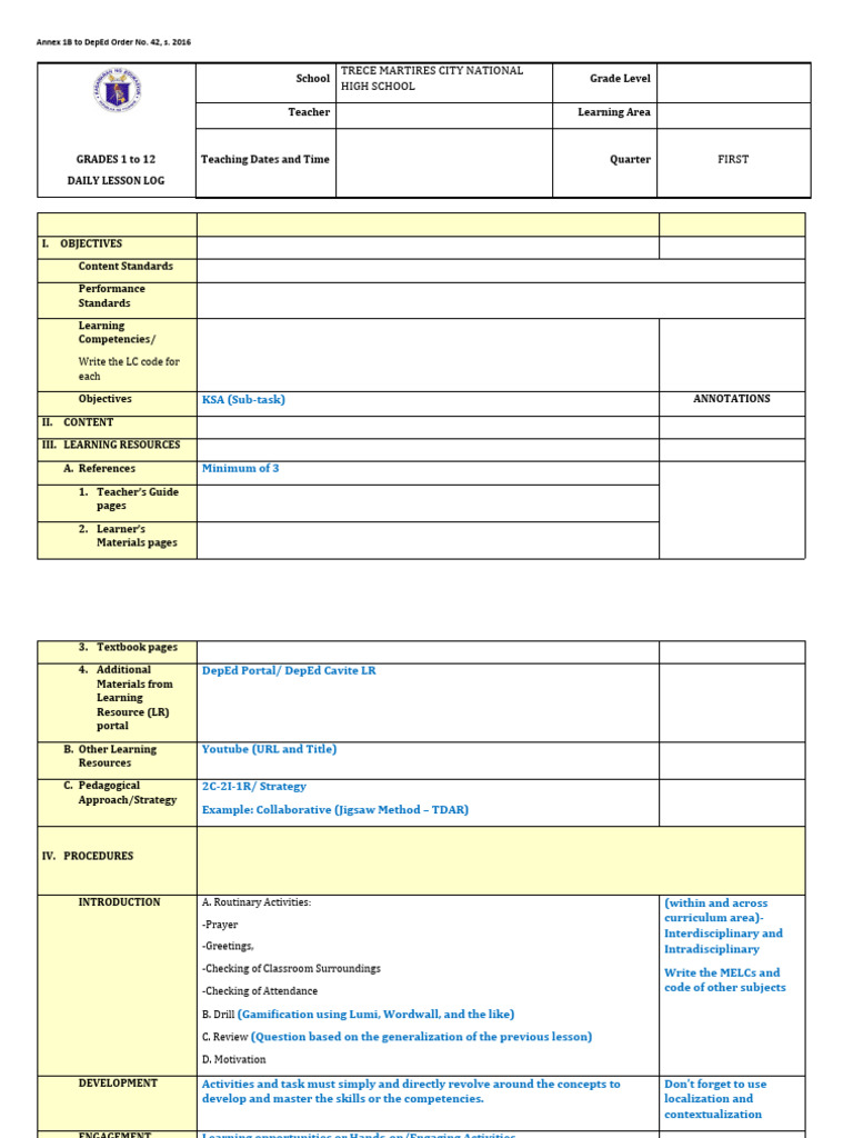 Daily Lesson Log Template with Annotations | PDF