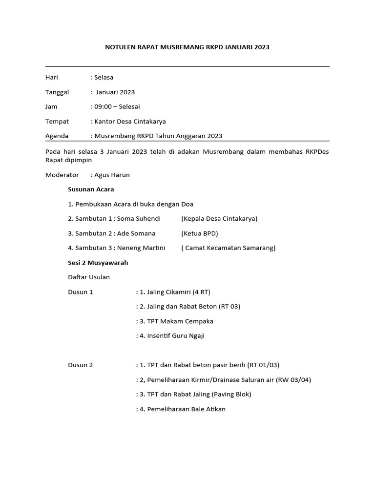Notulen Rapat Musrembang RKPD 2023 | PDF | Sains & Matematika