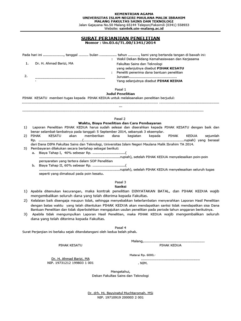 Surat Perjanjian Penelitian MHS Revisi | PDF