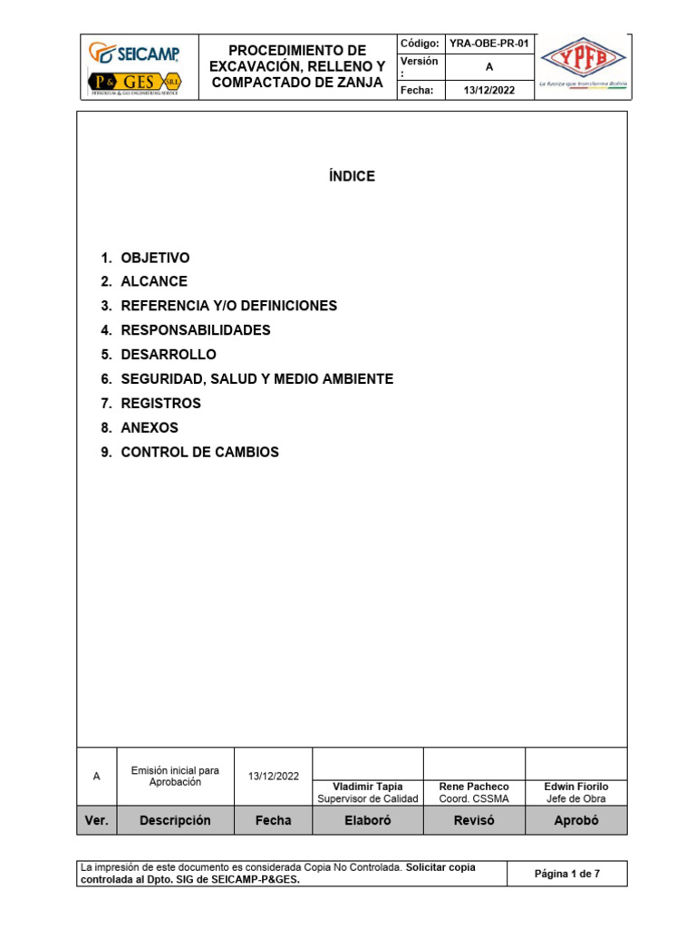 YRA-OBE-PR-01 Proc. de Excavacion, Relleno y Compactado de Zanja | PDF