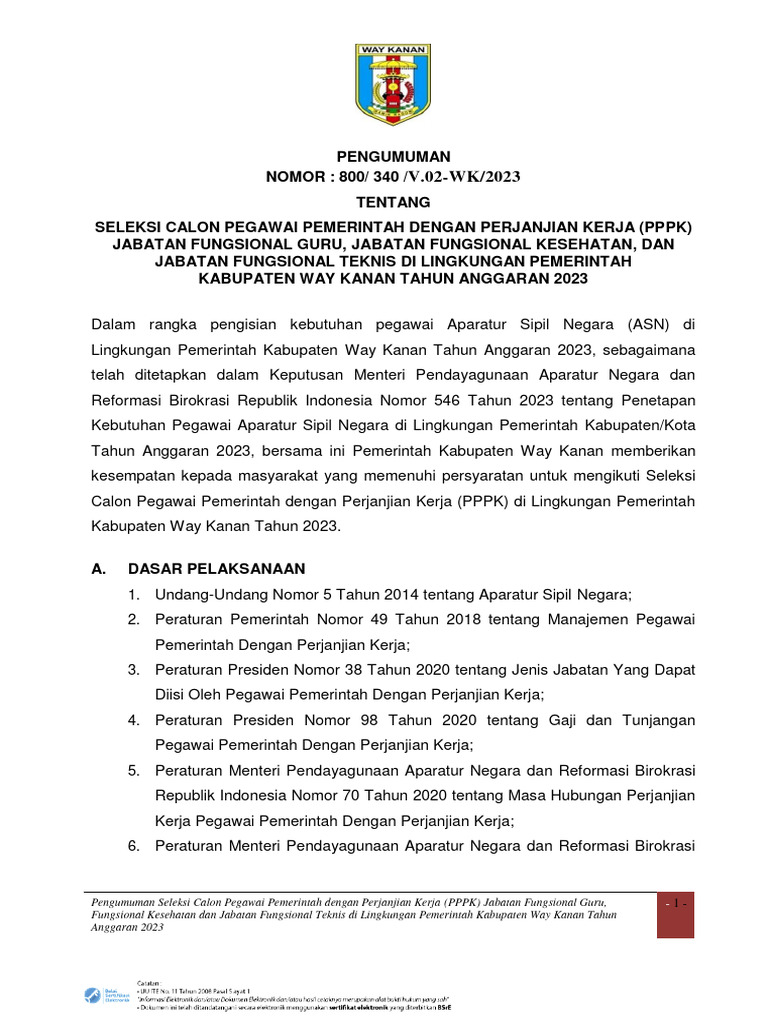 Pengumuman Seleksi PPPK Way Kanan 2023 | PDF