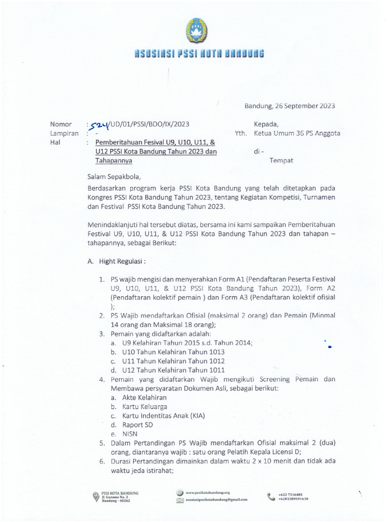 524 - Pemberitahuan Festival U9, U10, U11, U2 PSSI Kota Bandung Tahun 2023 | PDF