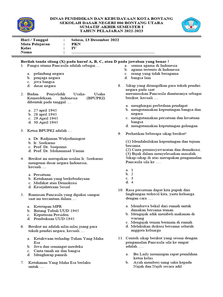 Soal Sas 1 PKN Kelas 4 | PDF