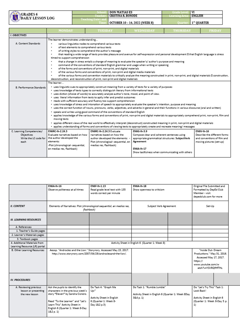 DLL - English 6 - Q1 - W8 | PDF
