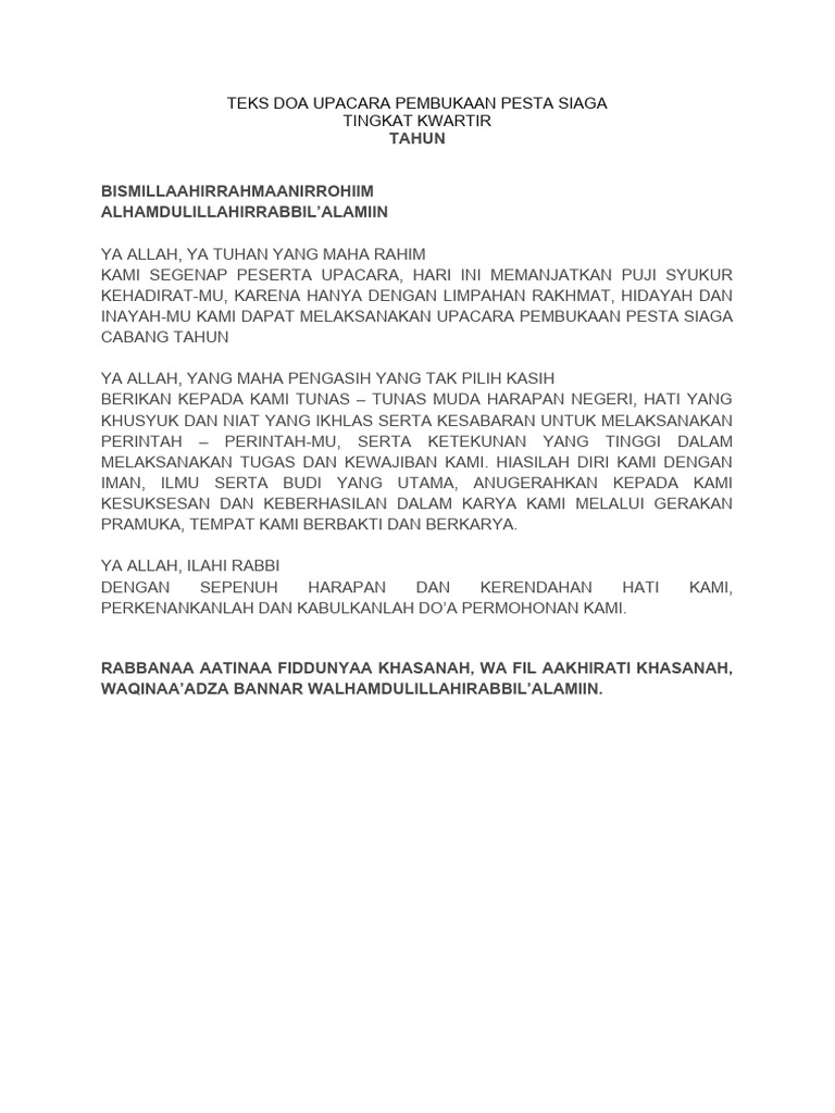 Teks Doa Upacara Pembukaan Pesta Siaga | PDF | Hukum | Agama ...