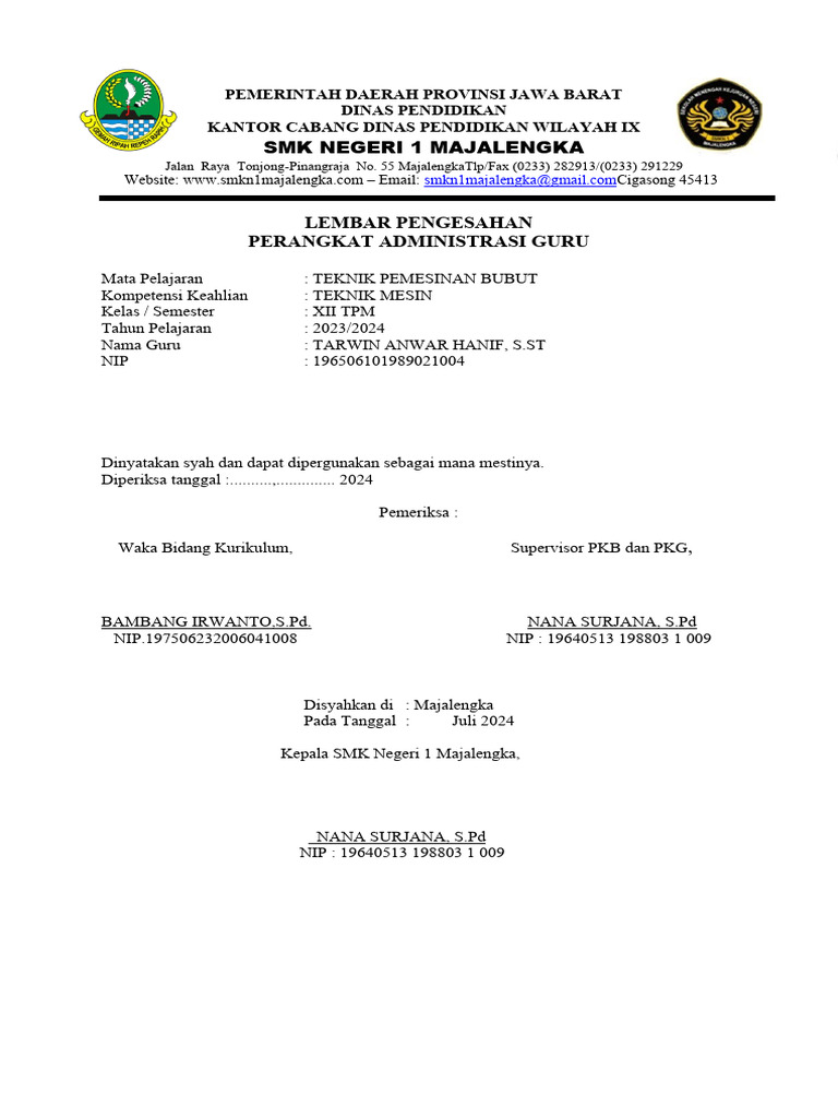 Lembar Pengesahan Perangkat Pembelajaran | PDF