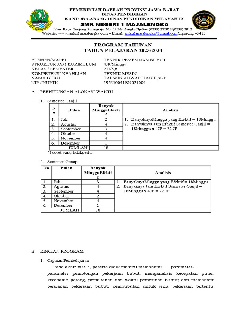 Format Program Tahunan - BUBUT KOMPLEKS | PDF