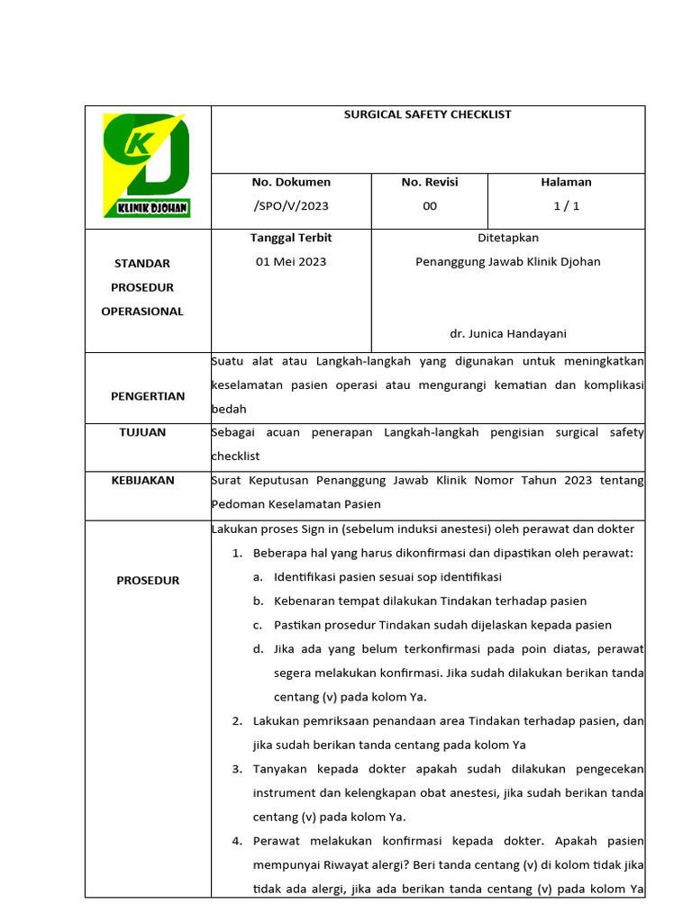 SPO SURGICAL SAFETY CHECKLIST | PDF