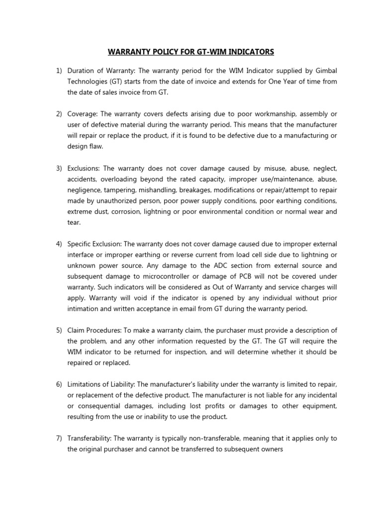 Warranty Policy - GT-WIM Indicators | PDF | Private Law | Business