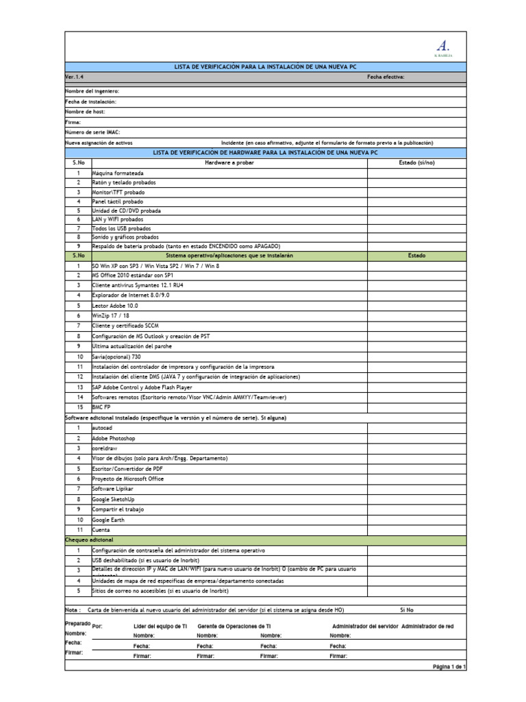 Lista de Verificación de Instalación de PC Nueva, Versión 1 4 | PDF ...