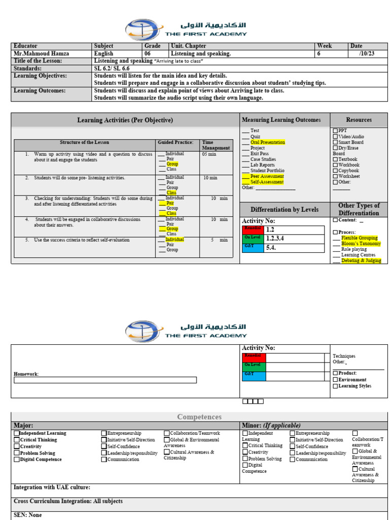 Lesson Plan: Arriving Late to Class | PDF | Cognitive Psychology | Teaching