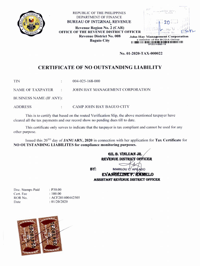 BIR Certificate of No Outstanding Liability 2019 | PDF