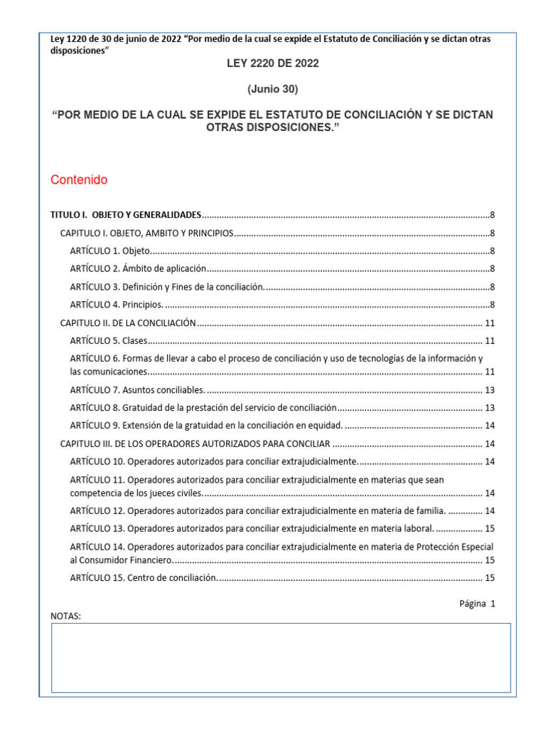 Ley 2220 de 2022 - Estatuto - Conciliación - Con Tabla Contenido | PDF ...