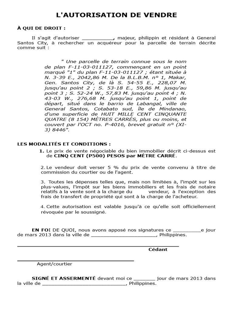 Autorisation de vente de parcelle immobilière | PDF | Secteur privé