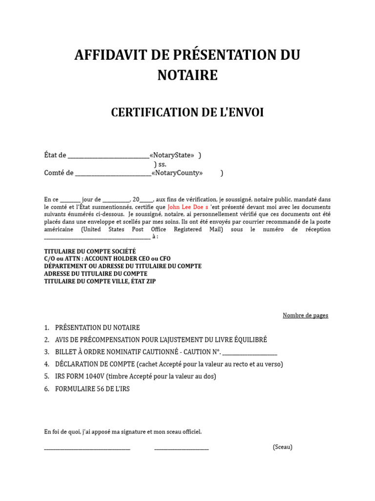 Affidavit de Présentation Du Notaire: Certification de L'Envoi | PDF | Argent | Débiteur