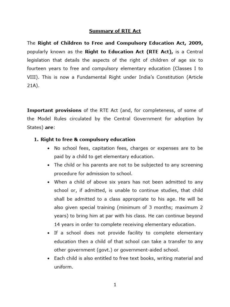 LL.M.203 Unit 5. Summary of RTE Act.2009 | PDF | Teachers