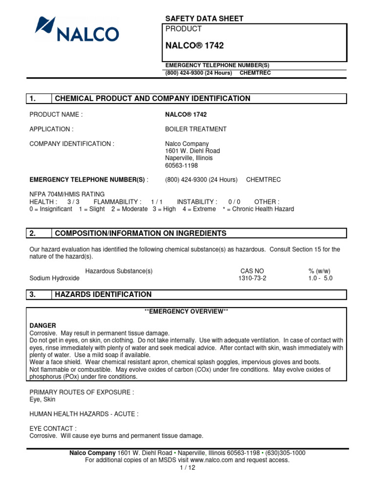MSDS Nalco@1742 | PDF | Personal Protective Equipment | Fires