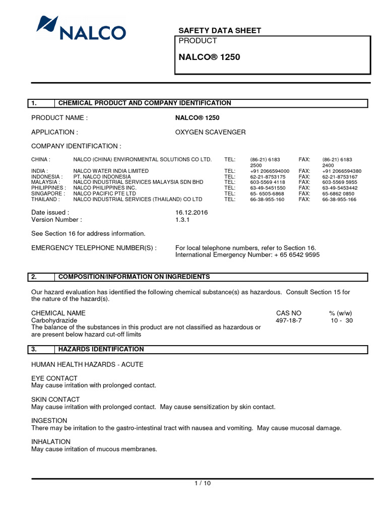 MSDS Nalco@1250 | PDF