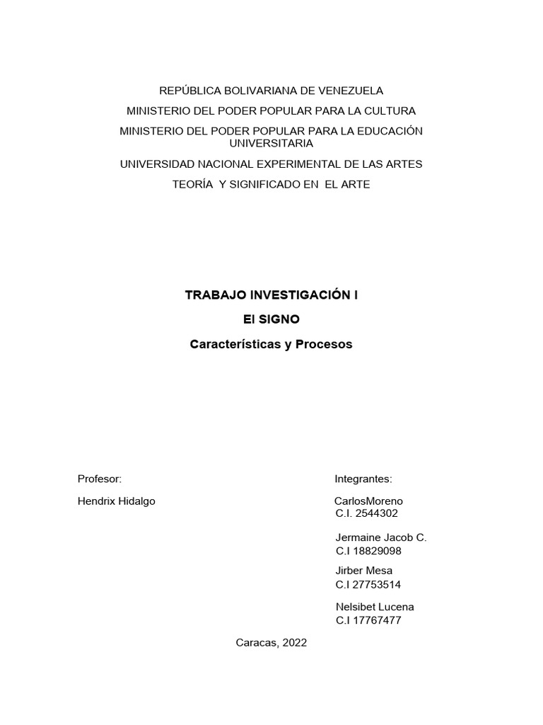 Trabajo El Signo Caracteristicas y Procesos | PDF | Semiótica | Palabra