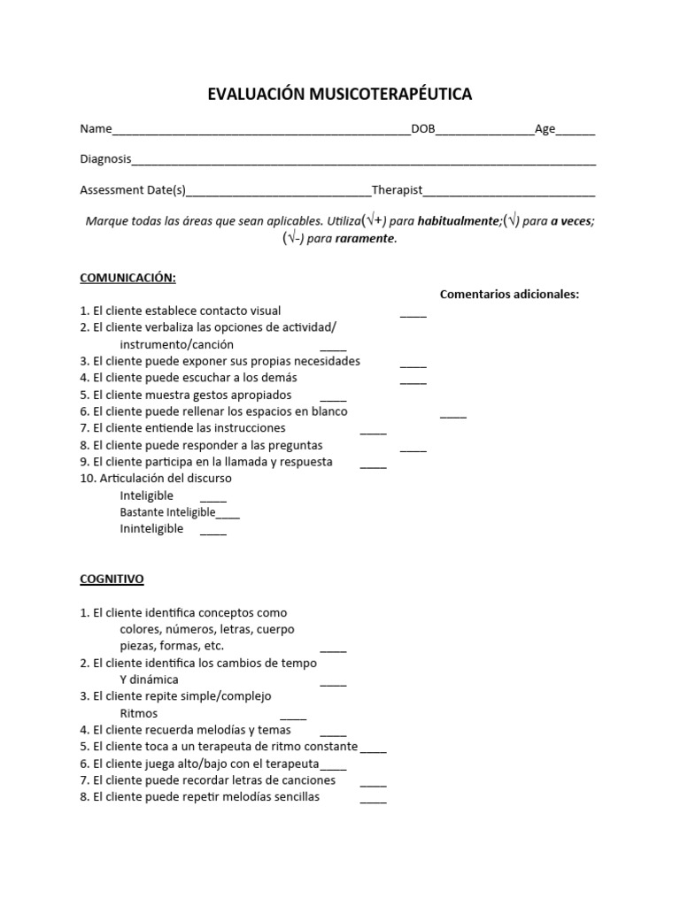 Formulario de evaluación de MUSICOTERAPIA | PDF | Las emociones | Ritmo