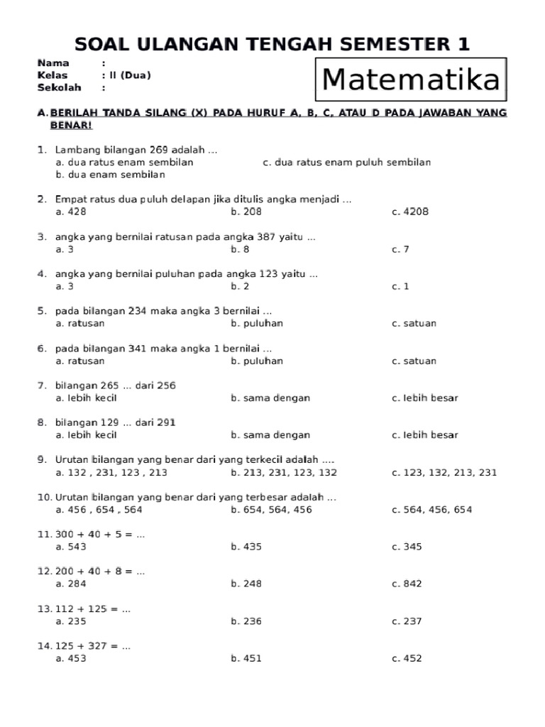 UTS MTK Kelas 2 S1 | PDF