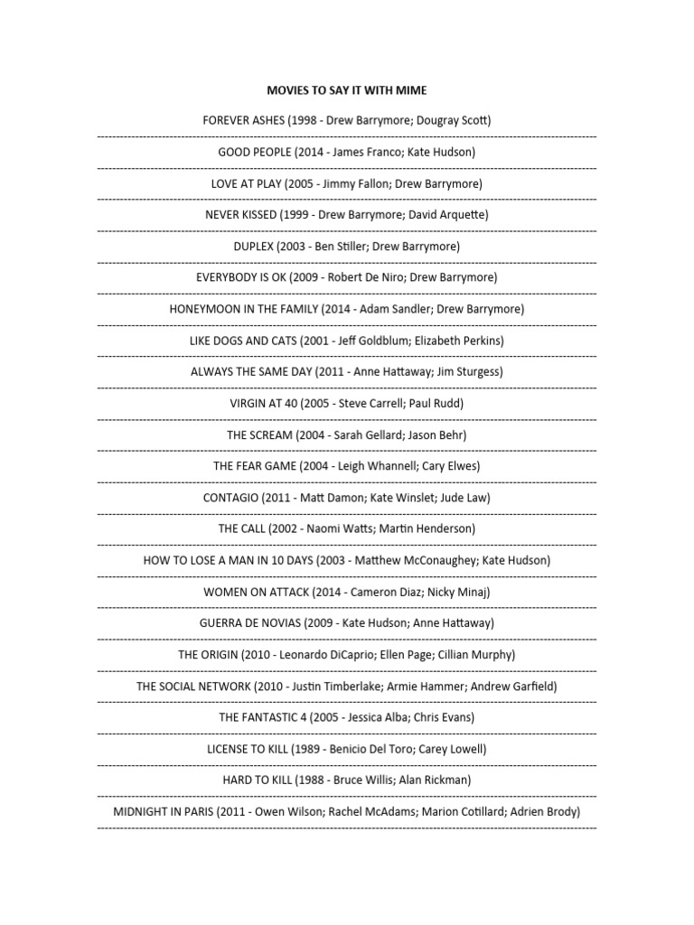 List of Movies To Say It With Mimic | Download Free PDF | American ...