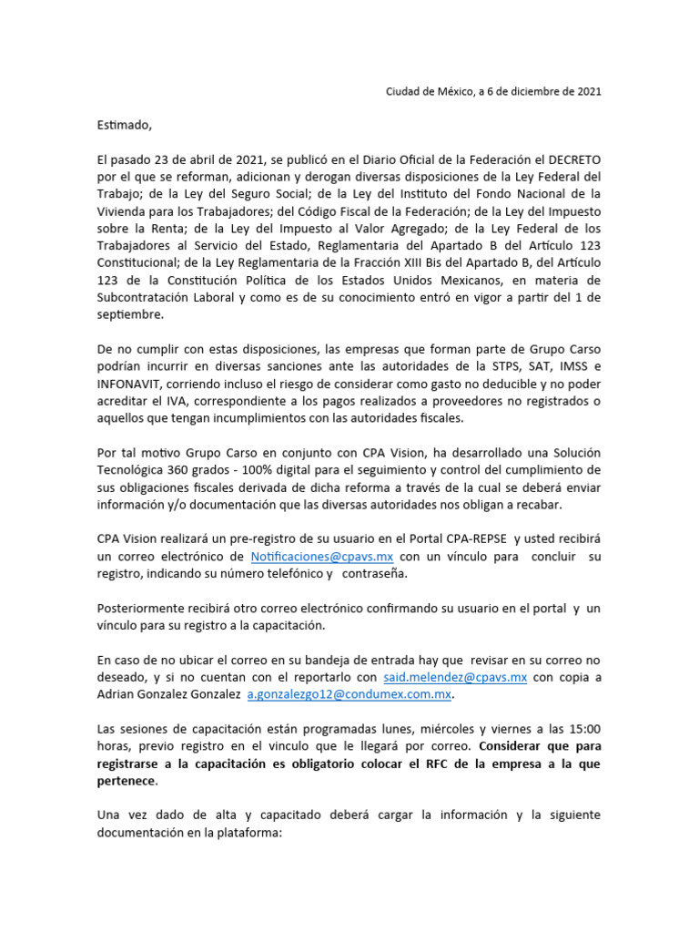 Carta Proveedores REPSE | PDF | México | Outsourcing