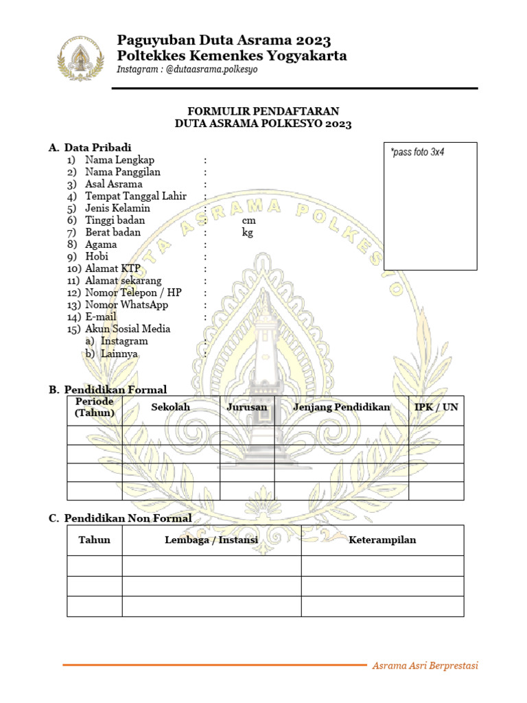 Formulir Pendaftaran Duta Asrama 2023 | PDF