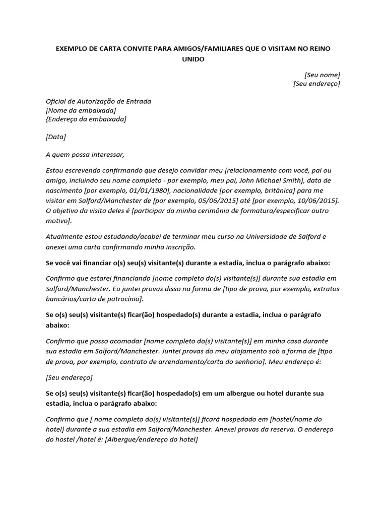 Modelo de Carta Convite para o Reino Unido | PDF | Visto para viagem