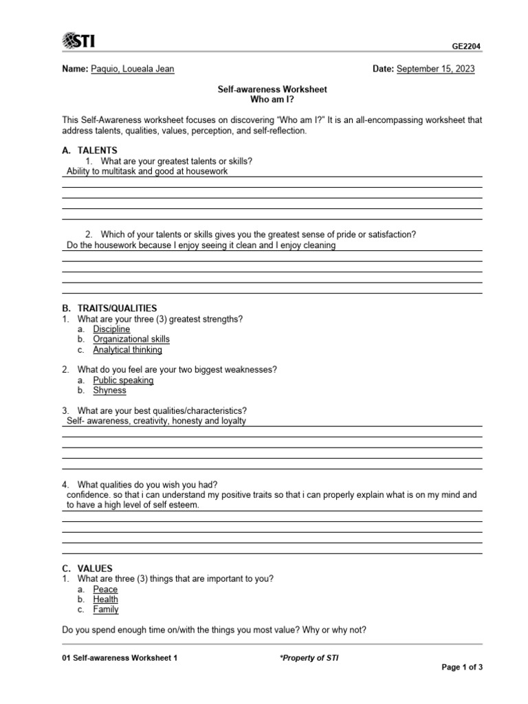 01 Self-Awareness Worksheet 1-1 | PDF | Self Awareness | Behavioural ...