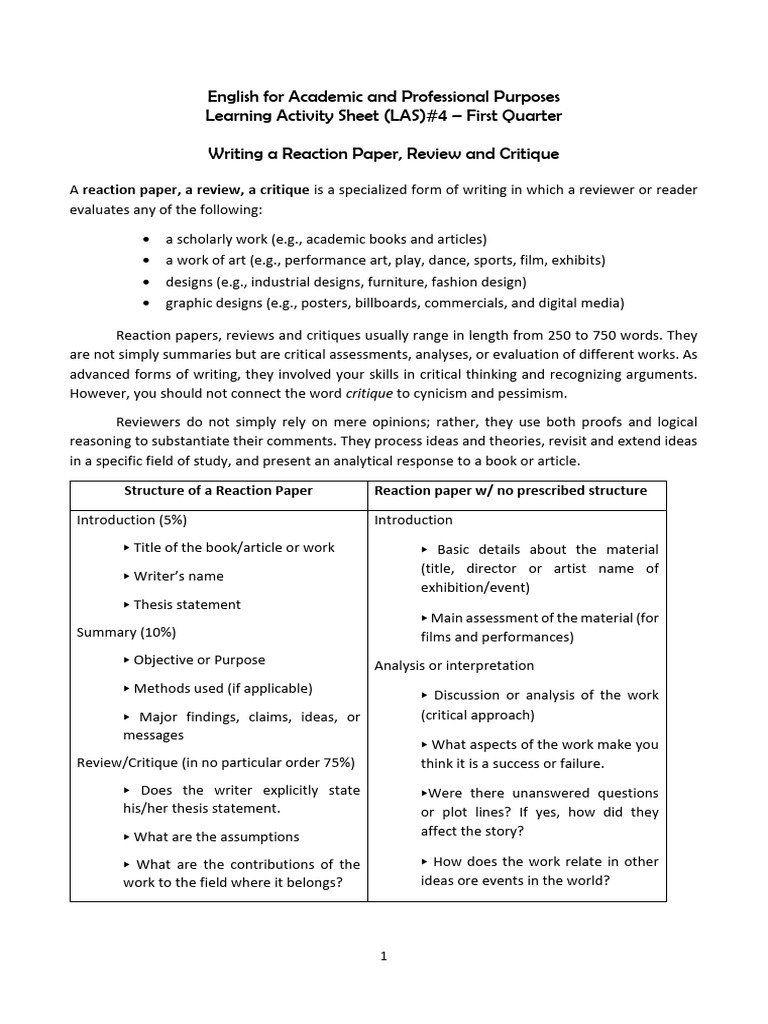 LAS 4 Writing A Reaction Paper Critical Approaches in Writing A ...