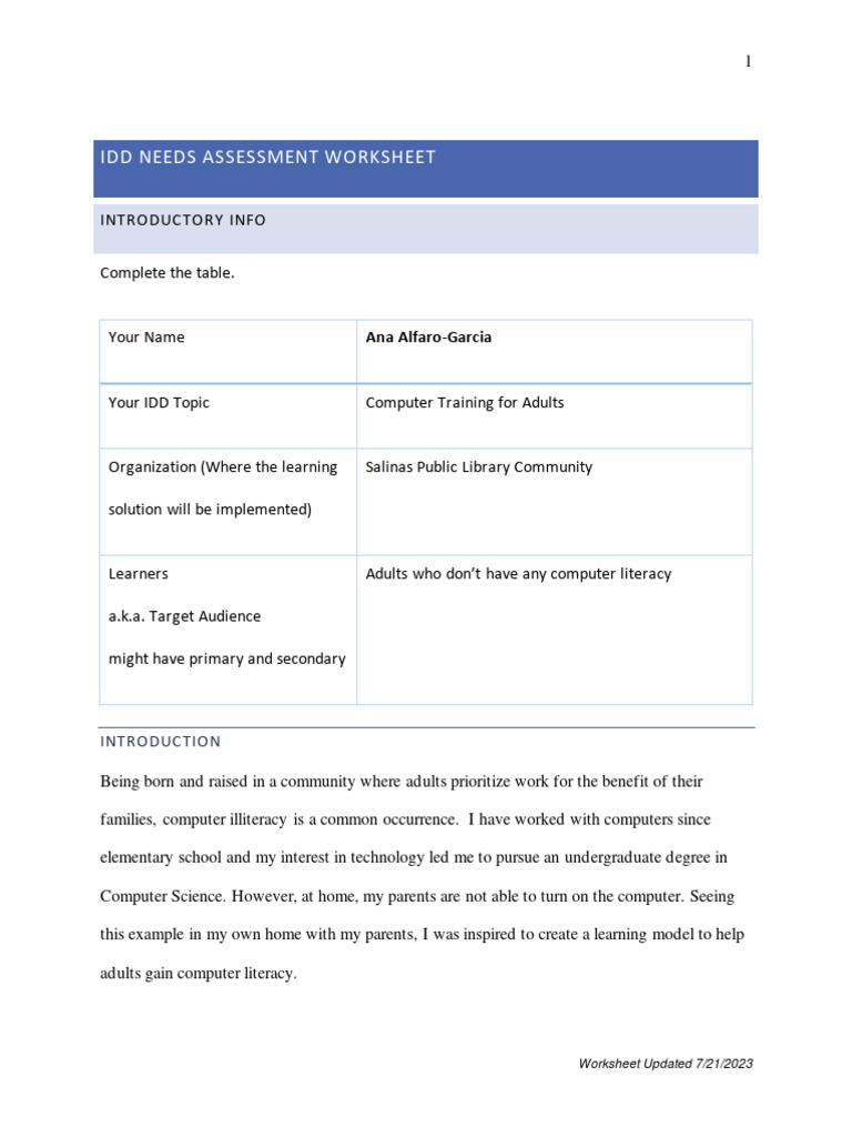 Alfaro-Garcia Iddneedsassessment 1 | PDF | Literacy | Learning