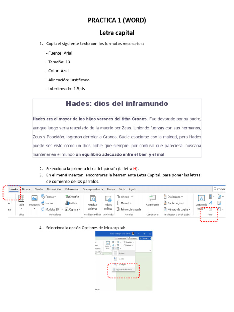 Práctica de Letra Capital en Word | PDF