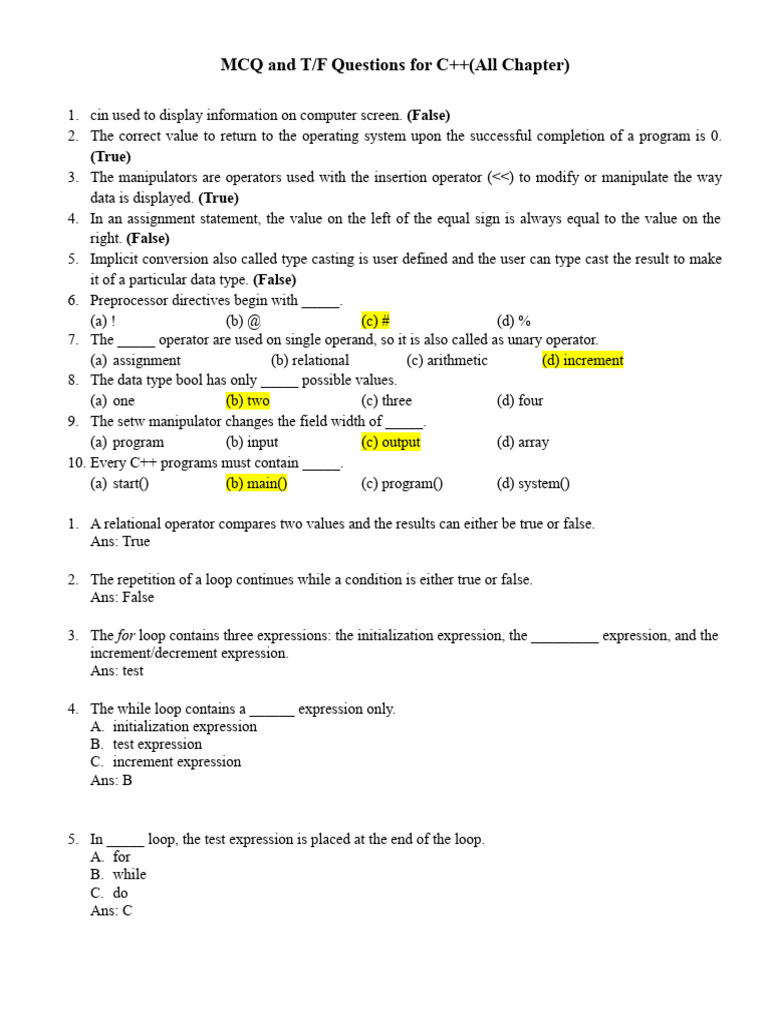 MCQ and T (Or) F C++ | PDF | Pointer (Computer Programming) | C++