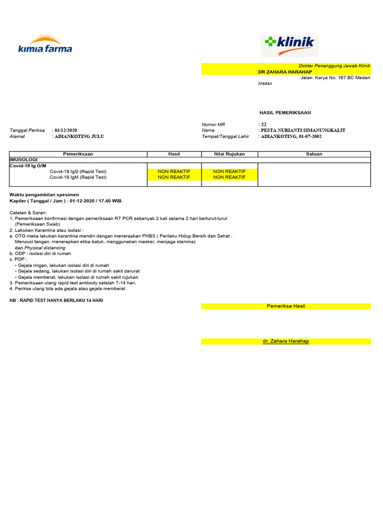 Contoh Format Hasil Rapid Test | PDF