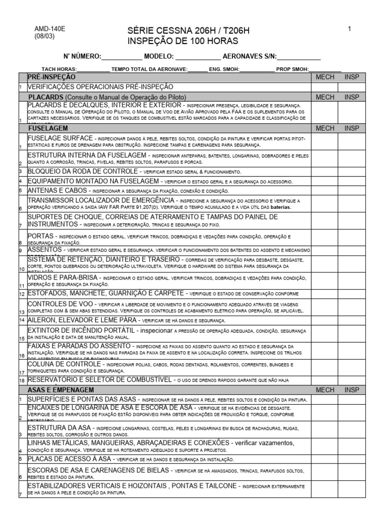 Lista De Verifica o De Inspe o De 100 Horas Do Cessna 206 PDF