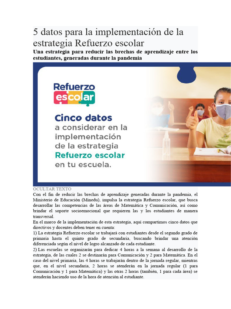 5 Datos para La Implementación de La Estrategia Refuerzo Escolar | PDF | Crecimiento personal y ...