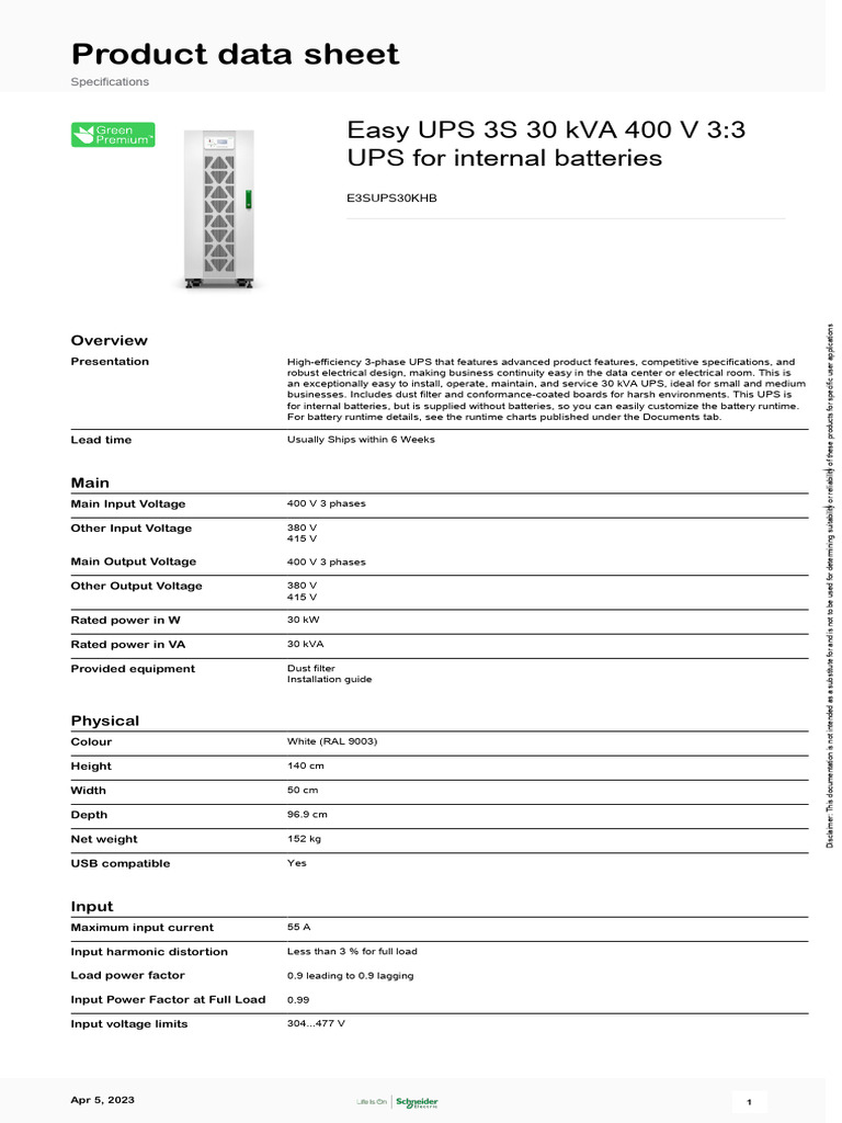 Easy UPS 3S 30kVA 400V Specs | PDF | Mains Electricity | Computer ...