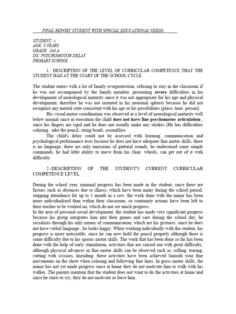 Example of Final Report For A Student With Special Educational Needs ...