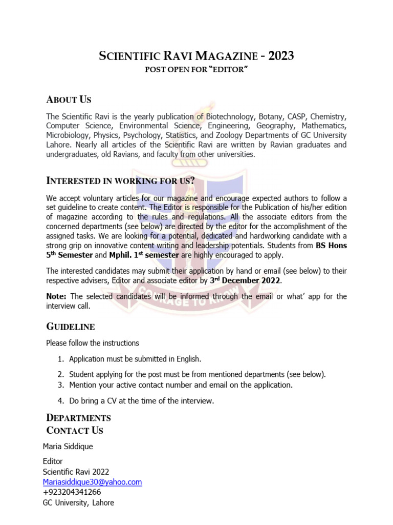 Call For Editor Scientific Ravi Magazine | PDF