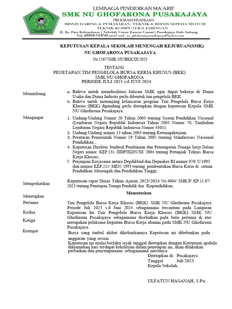Tim Pengelola BKK SMK NU Ghofarona 2023-2024 | PDF