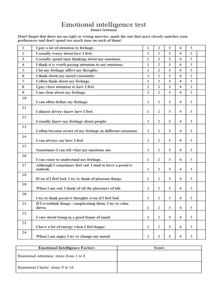 Daniel Goleman's Emotional Intelligence Test | PDF | Feeling | Thought