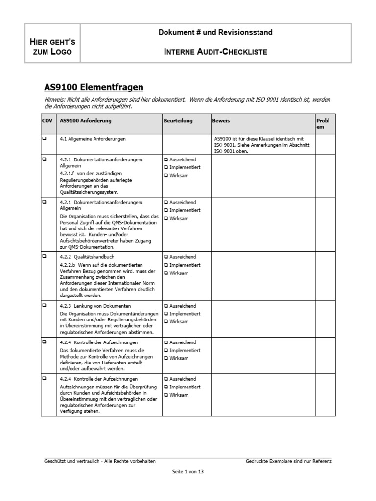 Checkliste Für Die Interne Revision - AS9100 | PDF